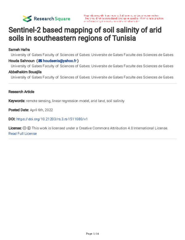 (PDF) Sentinel-2 based mapping of soil salinity of arid soils in southeastern regions of Tunisia