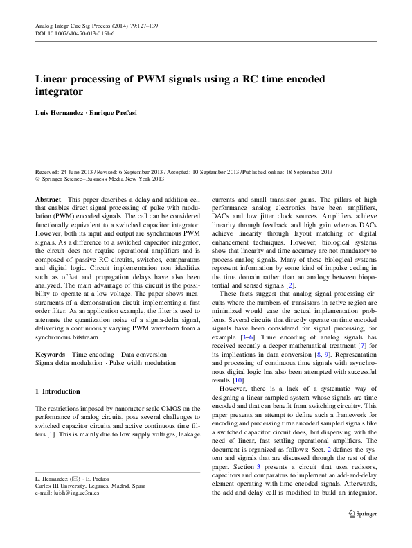 (PDF) Linear processing of PWM signals using a RC time encoded integrator | Enrique Prefasi ...