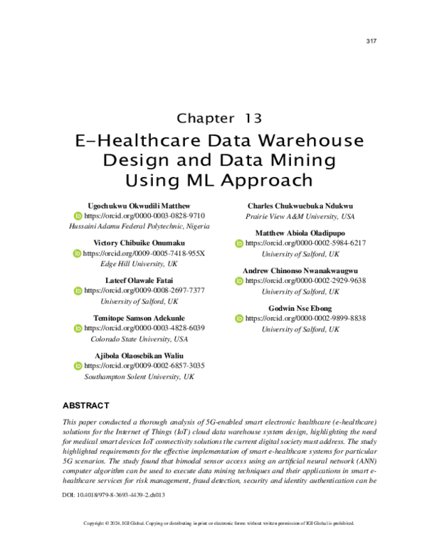 (PDF) E-Healthcare Data Warehouse Design and Data Mining Using ML Approach