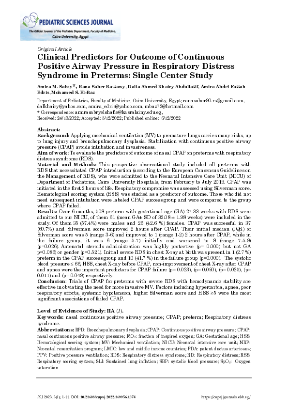 (PDF) Clinical Predictors for Outcome of Continuous Positive Airway ...