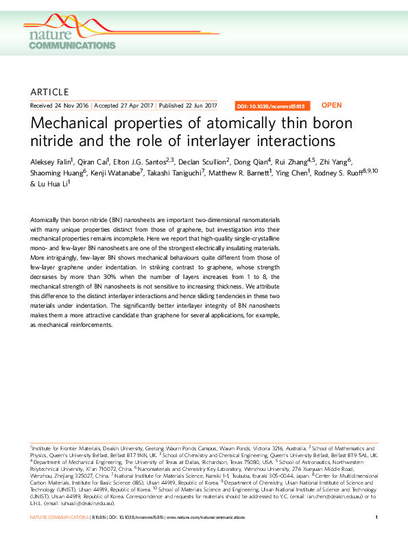 (PDF) Mechanical properties of atomically thin boron nitride and the role of interlayer interactions