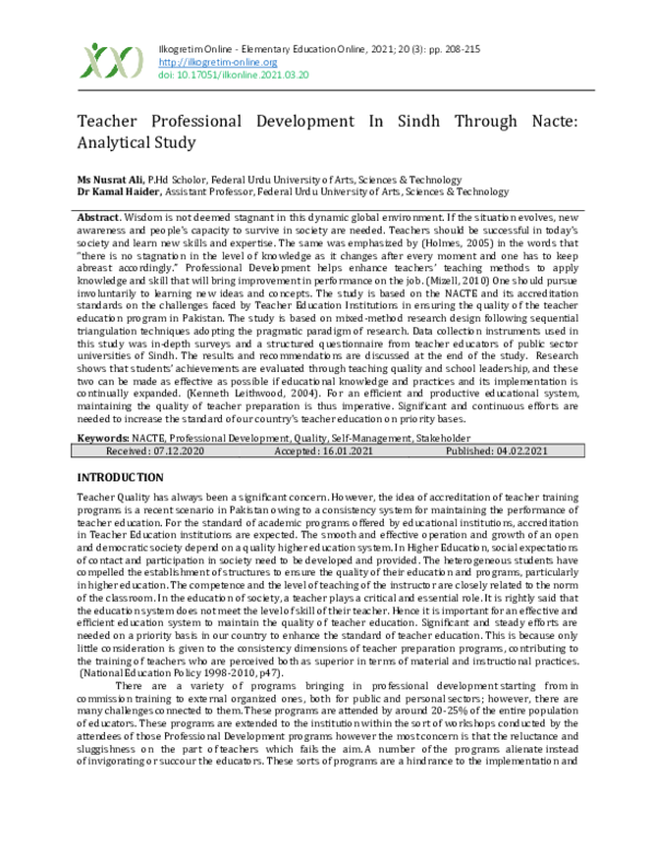 (PDF) Teacher Professional Development In Sindh Through Nacte: Analytical Study