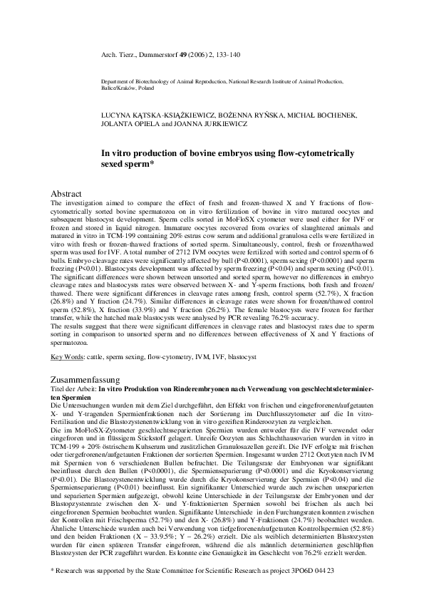 (PDF) In vitro production of bovine embryos using flow-cytometrically ...