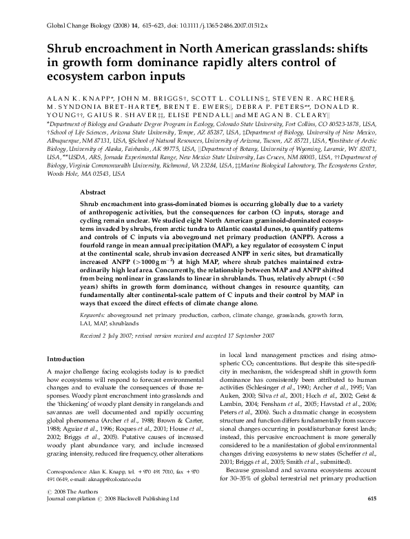(PDF) Shrub encroachment in North American grasslands: shifts in growth ...