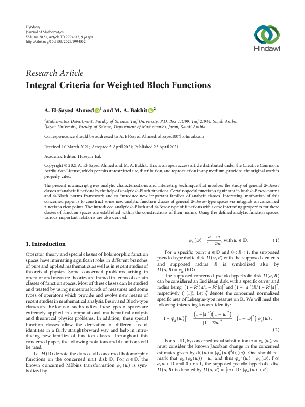 (PDF) Integral Criteria for Weighted Bloch Functions