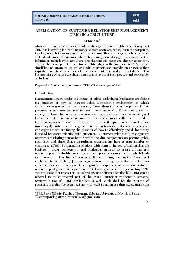 (PDF) Application of customer relationship management (CRM) in agriculture