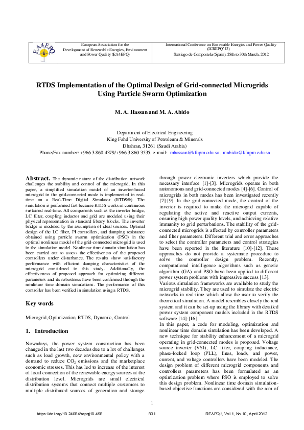 (PDF) RTDS Implementation of the Optimal Design of Grid-connected Microgrids Using Particle ...