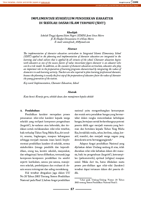 (PDF) Implementasi Kurikulum Pendidikan Karakter DI Sekolah Dasar Islam Terpadu (Sdit)