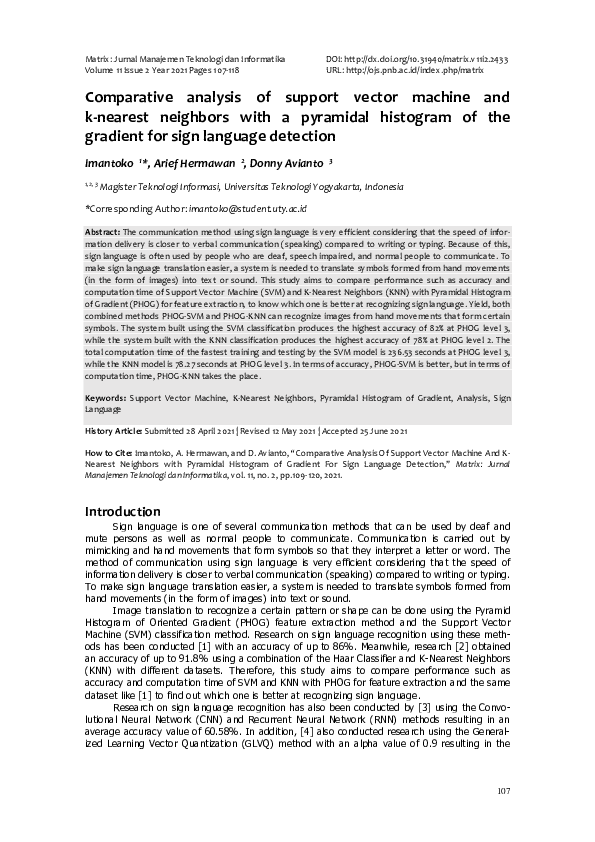(PDF) Comparative analysis of support vector machine and k-nearest neighbors with a pyramidal ...