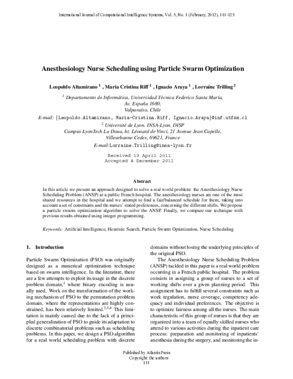 (PDF) Anesthesiology Nurse Scheduling using Particle Swarm Optimization