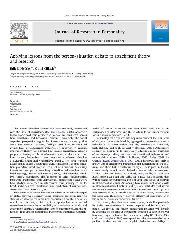 (PDF) Applying lessons from the person–situation debate to attachment ...