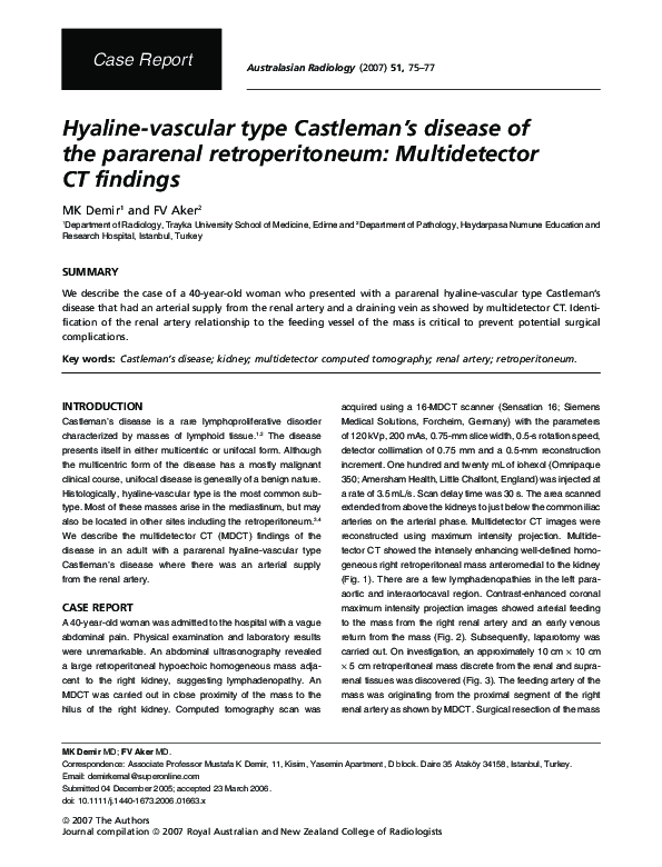 (PDF) Hyaline-vascular type Castleman's disease of the pararenal ...