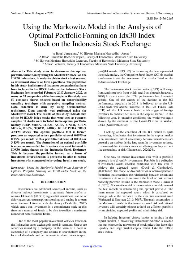 (PDF) Using the Markowitz Model in the Analysis of Optimal PortfolioForming on Idx30 Index Stock ...
