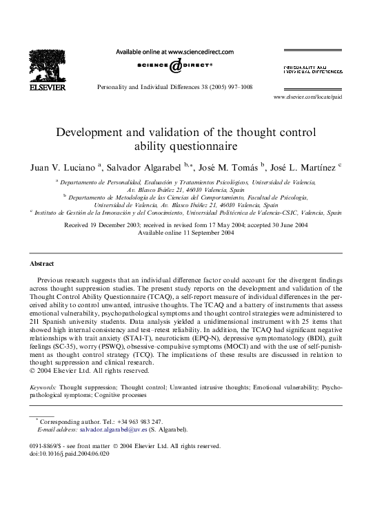 (PDF) Development and validation of the thought control ability questionnaire