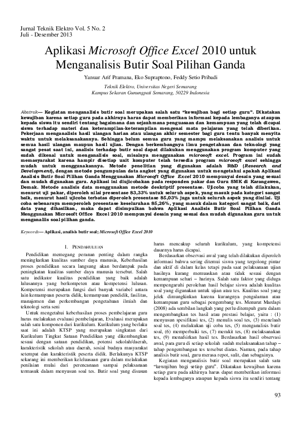 (PDF) Aplikasi Microsoft Office Excel 2010 untuk Menganalisis Butir Soal Pilihan Ganda