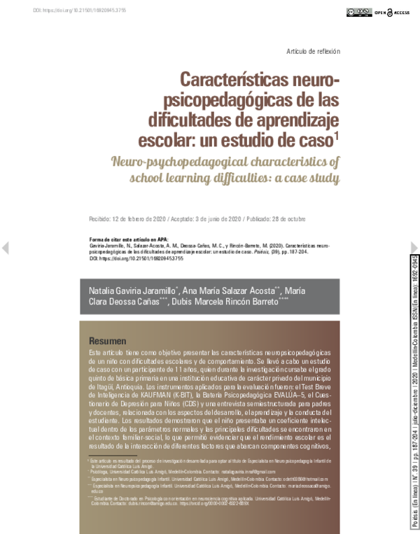 (PDF) Características neuro-psicopedagógicas de las dificultades de aprendizaje escolar: un ...