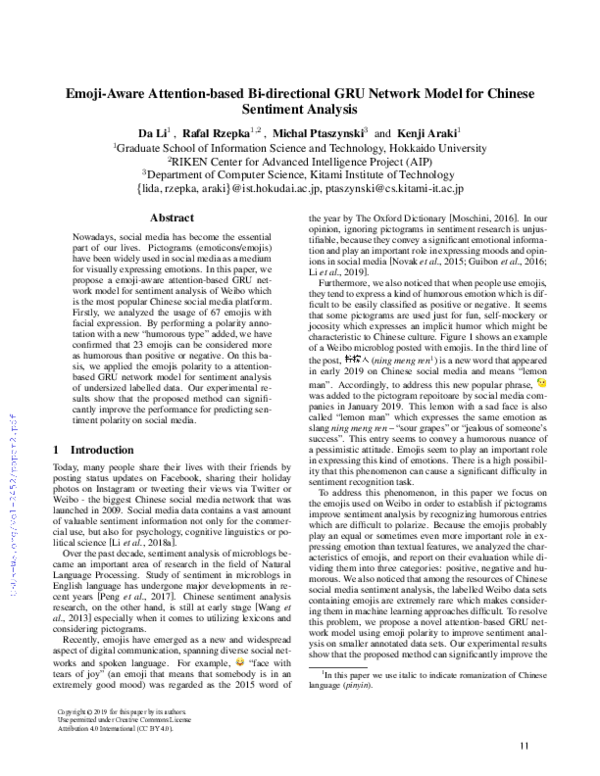 (PDF) Emoji-Aware Attention-based Bi-directional GRU Network Model for Chinese Sentiment Analysis