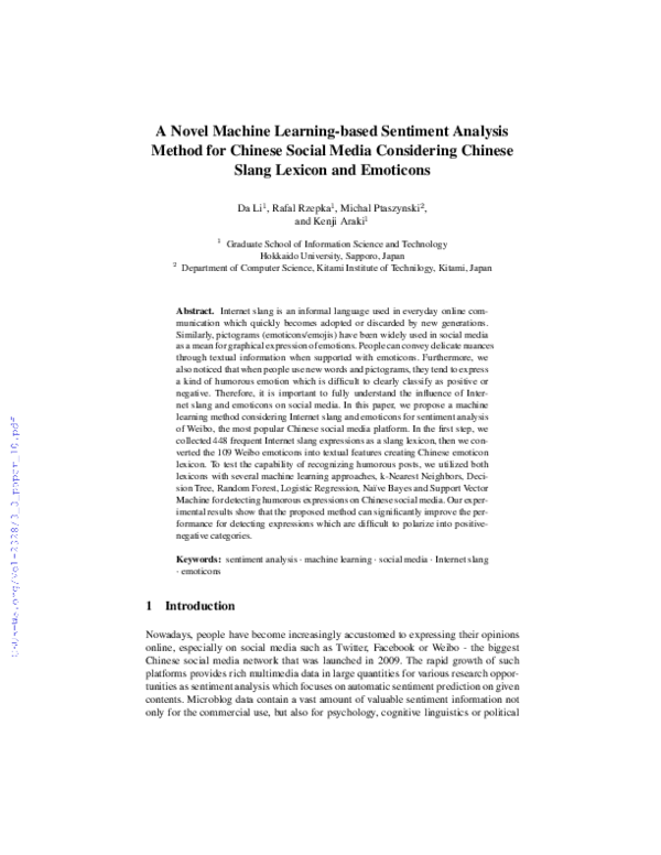 (PDF) A Novel Machine Learning-based Sentiment Analysis Method for Chinese Social Media ...
