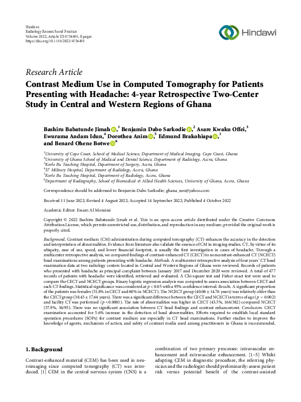 (PDF) Contrast Medium Use in Computed Tomography for Patients Presenting with Headache: 4-year ...