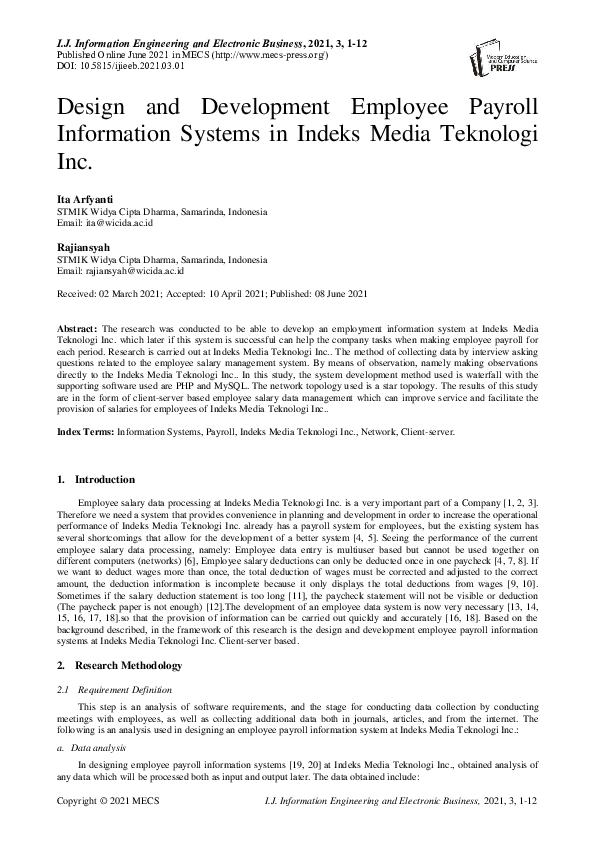 (PDF) Design and Development Employee Payroll Information Systems in Indeks Media Teknologi Inc