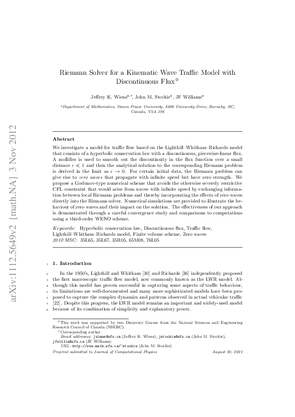 (PDF) Riemann Solver for a Kinematic Wave Trac Model with