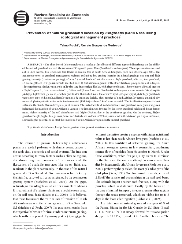 (PDF) Prevention of natural grassland invasion by Eragrostis plana Nees ...
