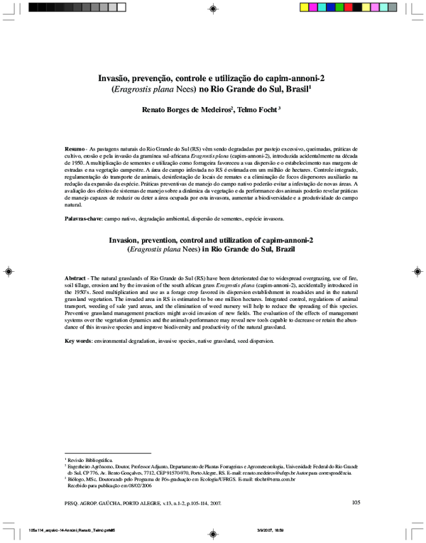 (PDF) Invasão, prevenção, controle e utilização do capim-annoni-2 ...
