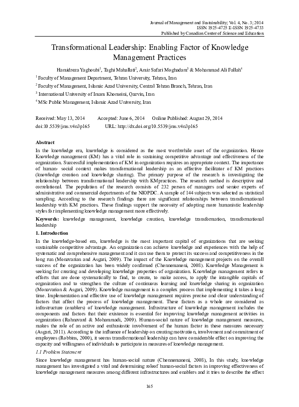 (PDF) Transformational Leadership: Enabling Factor of Knowledge Management Practices