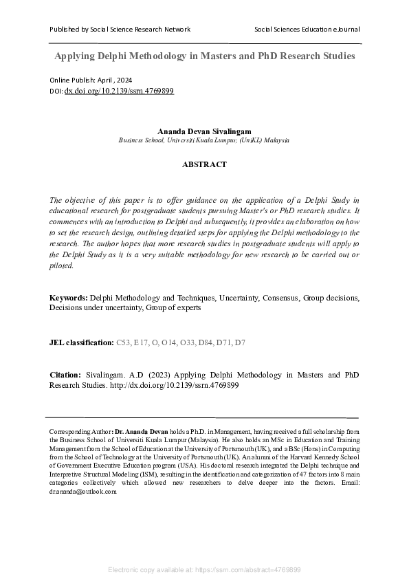 (PDF) Applying Delphi Methodology in Masters and PhD Research Studies