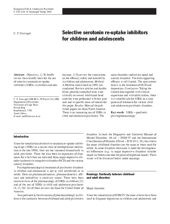 (PDF) Selective serotonin re-uptake inhibitors for children and adolescents
