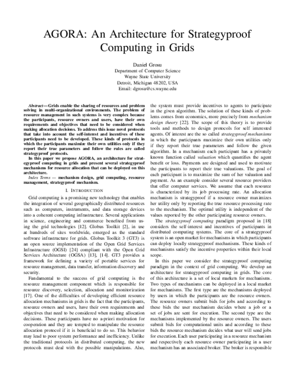 (PDF) AGORA: An Architecture for Strategyproof Computing in Grids