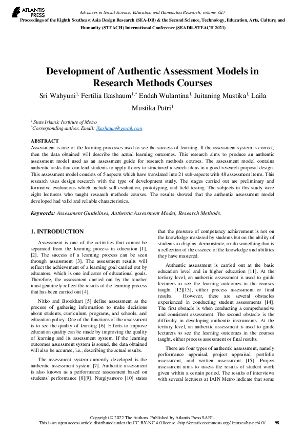 (PDF) Development of Authentic Assessment Models in Research Methods Courses