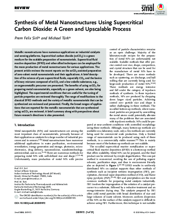 (PDF) Synthesis of Metal Nanostructures Using Supercritical Carbon Dioxide: A Green and ...