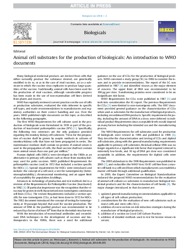 (PDF) Animal cell substrates for the production of biologicals: An ...