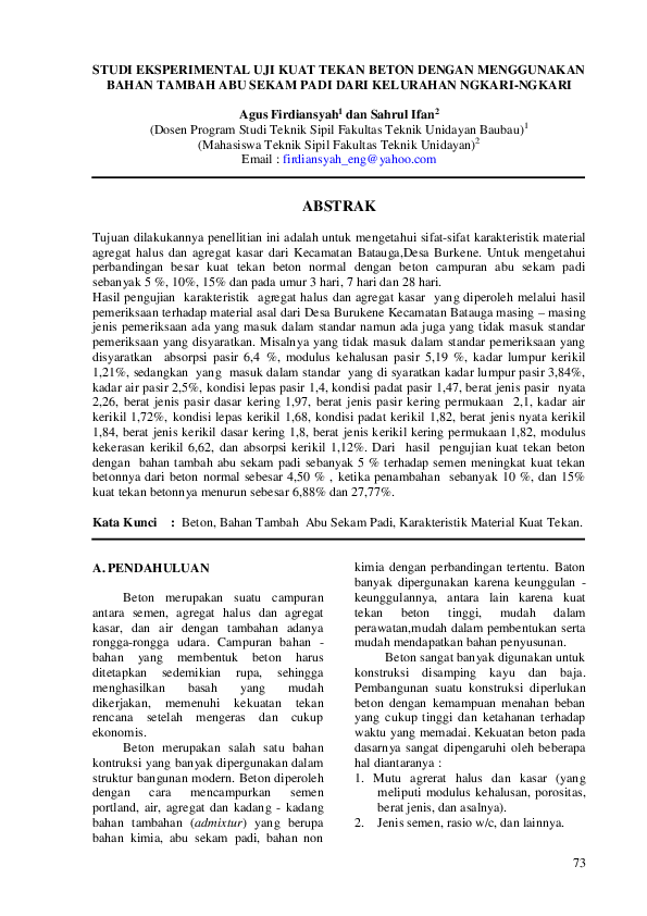 (PDF) Studi Eksperimental Uji Kuat Tekan Beton Dengan Menggunakan Bahan Tambah Abu Sekam Padi ...