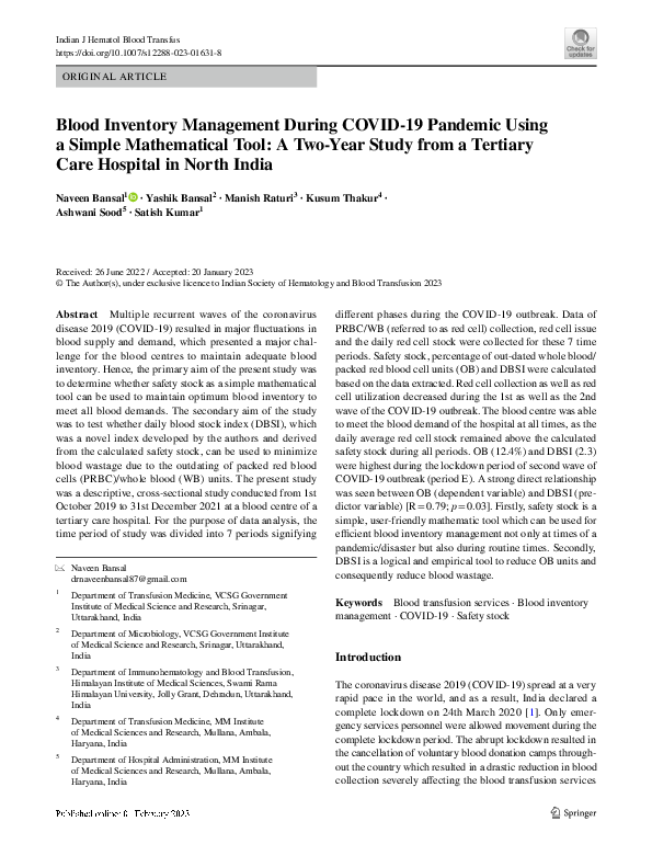 (PDF) Blood Inventory Management During COVID-19 Pandemic Using a ...
