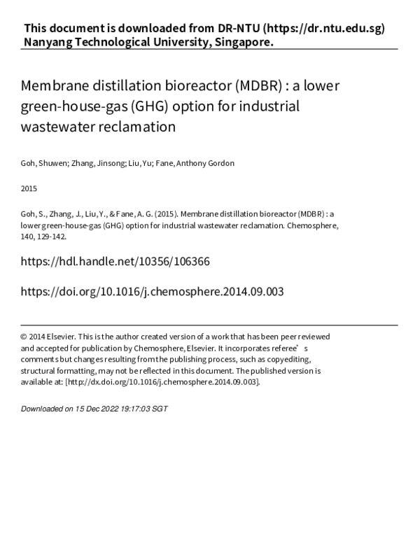 (PDF) Membrane Distillation Bioreactor (MDBR) – A lower Green-House-Gas ...