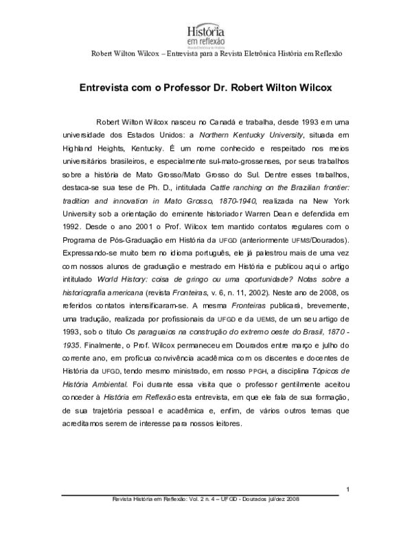 (PDF) Entrevista Com O Professor Dr. Robert Wilton Wilcox | Carlos ...