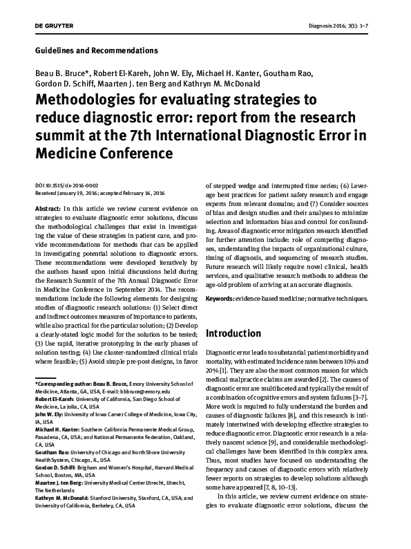 (PDF) Methodologies for evaluating strategies to reduce diagnostic error: report from the ...