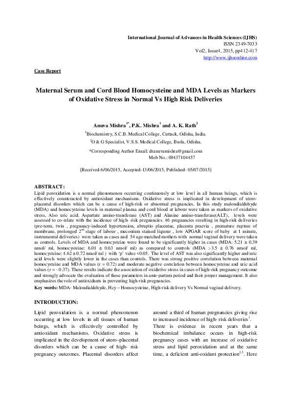 (PDF) Maternal Serum and Cord Blood Homocysteine and MDA Levels as Markers of Oxidative Stress ...
