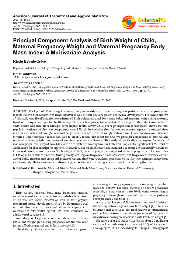 (PDF) Principal Component Analysis of Birth Weight of Child, Maternal ...