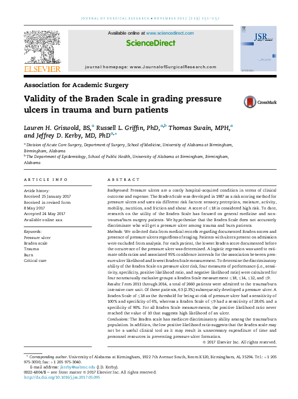 (PDF) Validity of the Braden Scale in grading pressure ulcers in trauma ...