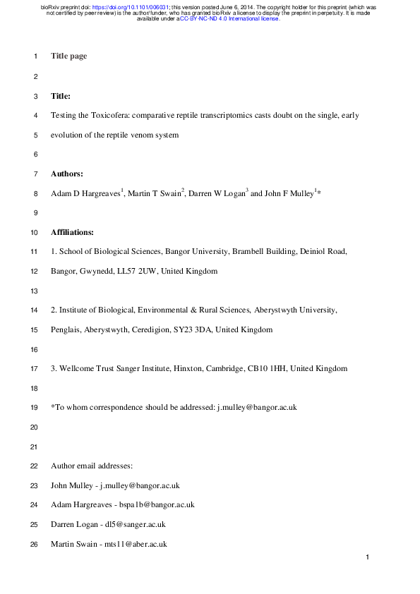 (PDF) Testing the Toxicofera: Comparative transcriptomics casts doubt ...