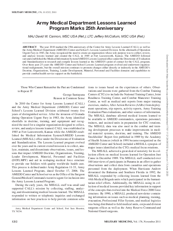 (PDF) Army Medical Department Lessons Learned Program Marks 25th ...