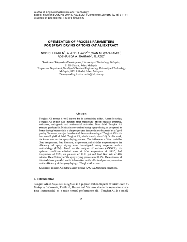(PDF) Optimization of process parameters for spray drying of Tongkat ...