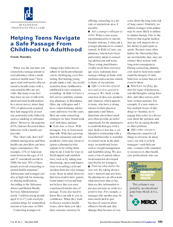 (PDF) Helping Teens Navigate a Safe Passage From Childhood to Adulthood