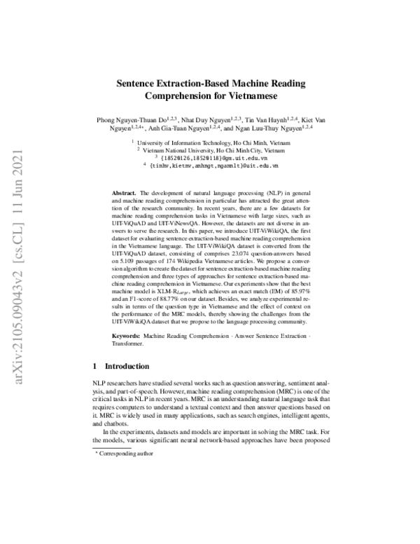 (PDF) Sentence Extraction-Based Machine Reading Comprehension for Vietnamese