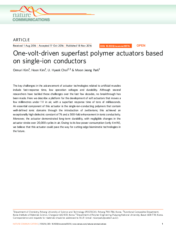 (PDF) One-volt-driven superfast polymer actuators based on single-ion ...