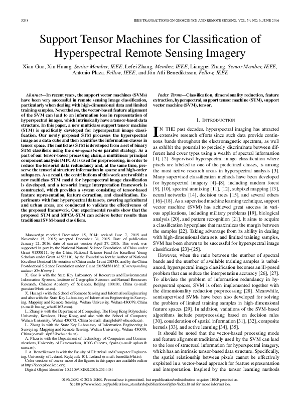 (PDF) Support Tensor Machines for Classification of Hyperspectral Remote Sensing Imagery