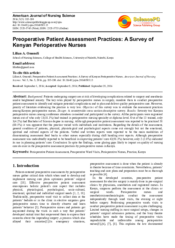 (PDF) Preoperative Patient Assessment Practices: A Survey of Kenyan ...